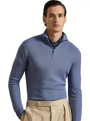 Ralph Lauren Piqué-Knit Quarter-Zip Sweater Soft Blue