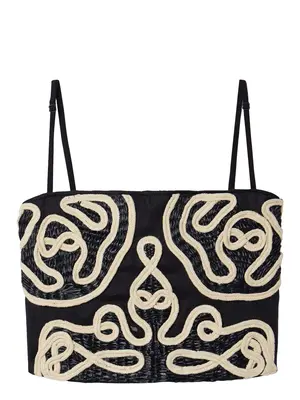 Johanna Ortiz Boat Lines Cropped Appliquéd Straw-trimmed Linen Top - Black