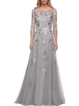 La Femme Tulle And Lace Gown - Silver