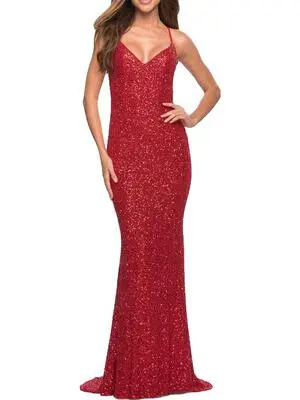 LABOMME Sequin Gown With Open Back - Red