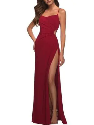 La Femme Jersey Prom Dress With Cut Out And Slit - Deep Red