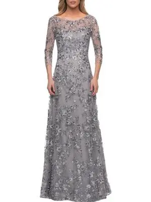 La Femme Lace Gown With Sleeves - Silver