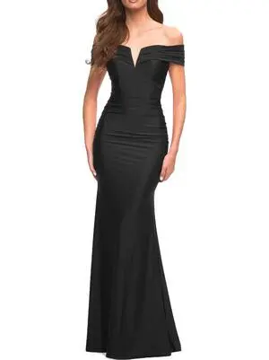 La Femme Ruched Off-the-shoulder Gown - Black