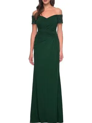 La Femme Net Jersey Beaded Gown - Emerald
