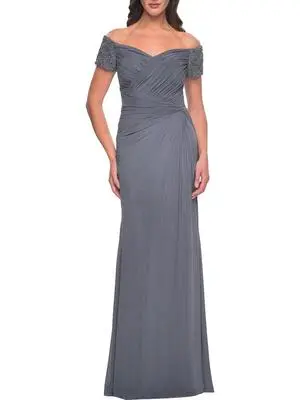 LABOMME Net Jersey Beaded Gown - Gunmetal