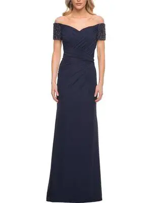 La Femme Net Jersey Beaded Gown - Navy
