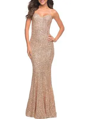 LABOMME Strapless Sweetheart Sequin Gown - Rose Gold