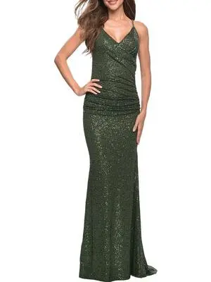 La Femme Wrap-style Sequin Gown - Emerald