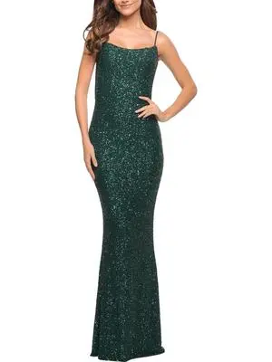 La Femme Sequin Embellished Gown - Emerald