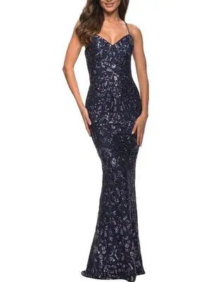 La Femme Sequin Gown With Lace-up Back - Indigo