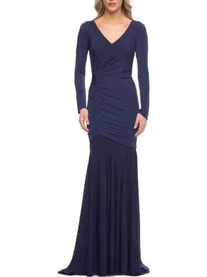 La Femme Ruched Jersey Gown With Long Sleeves - Navy