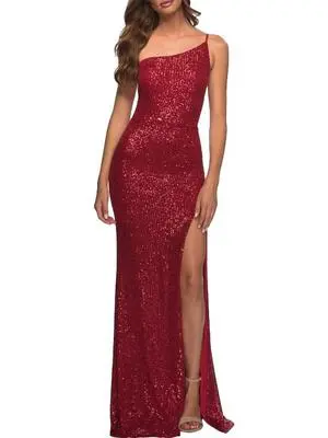 LABOMME One-shoulder Sequin Gown - Red