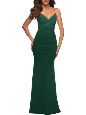 La Femme Long Jersey Gown With Sheer Corset Bodice - Emerald