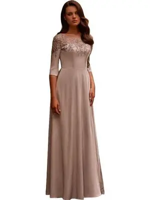 La Femme Jersey Gown With Lace Neckline - Silver