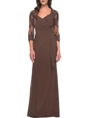 La Femme Lace And Net Jersey Gown With Illusion Sleeves Cocoa