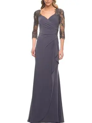 LABOMME Lace And Net Jersey Gown With Illusion Sleeves - Gunmetal