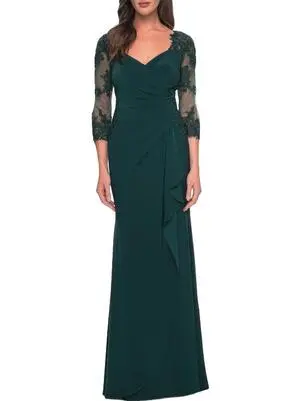 LABOMME Lace And Net Jersey Gown With Illusion Sleeves - Hunter Green