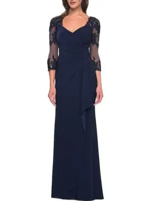 La Femme Lace And Net Jersey Gown With Illusion Sleeves Navy