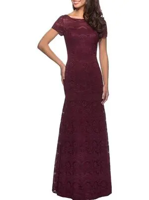 LABOMME Floor Length Lace Gown With Short Sleeves - Garnet