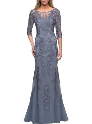 La Femme Tulle Gown With Lace Applique - Slate