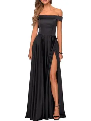 LABOMME Satin Off-the-shoulder Evening Dress - Black
