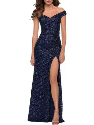 La Femme Sequin Gown With Slit - Navy