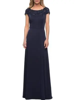 La Femme Jersey Gown With Lace Top - Navy