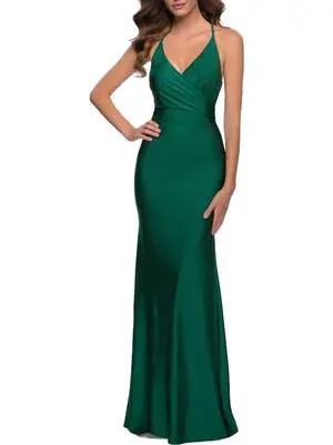 La Femme Fitted Jersey Gown - Emerald