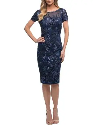 La Femme Short Beaded Lace Dress With Illusion Top And Sleeves - Navy
