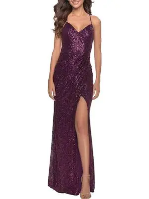 LABOMME Long Sequin Gown With Lace-up Back - Dark Berry