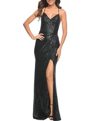 La Femme Long Sequin Gown With Lace-up Back - Emerald