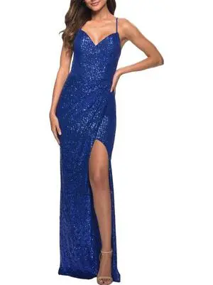 LABOMME Long Sequin Gown With Lace-up Back - Royal Blue