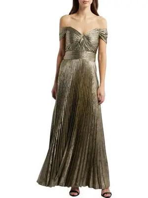 TAHARI ASL Metallic Off-the-shoulder Pleated Gown - Gold