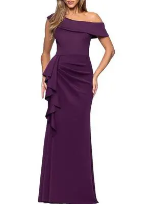 XSCAPE EVENINGS Ruffle One-Shoulder Gown Plum