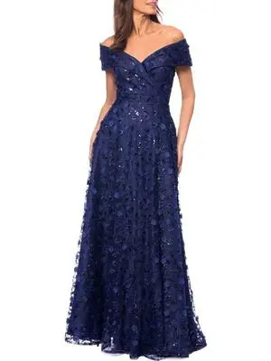 XSCAPE EVENINGS Sequin Floral Appliqué Gown - Navy