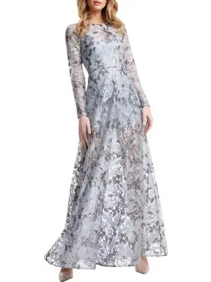 Dress The Population Ava Sequin Floral Gown - Light Ice Blue