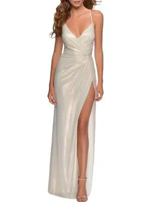 LABOMME Long Metallic Jersey Dress With Knot Detail - White/gold
