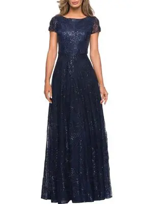La Femme La Femme Sequin Lace A-Line Gown With Short Sleeves Navy