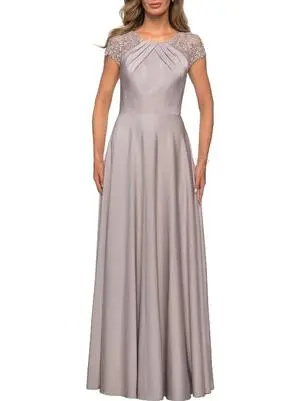 La Femme Long Satin Gown With Lace Cap Sleeves - Silver