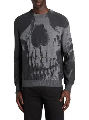 Alexander McQueen McQueen Skull Double Knit Wool Crewneck Sweater Grey Ml/ Charcoal