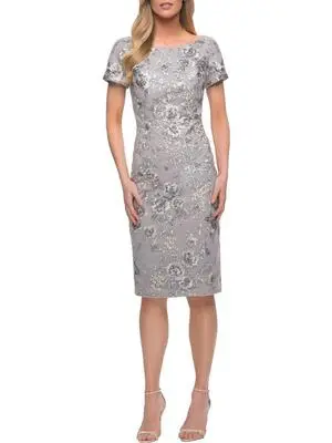 La Femme Short Sleeve Knee Length Lace Dress - Silver