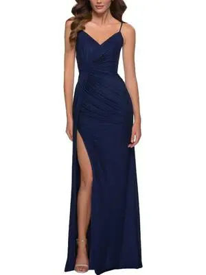 LABOMME Long Net Jersey Gown With Ruching And Slit - Navy