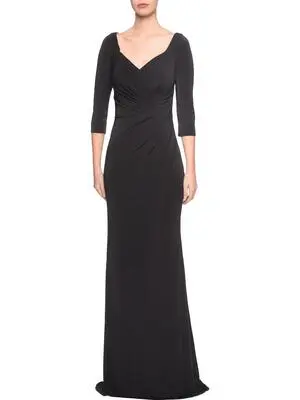 La Femme 3/4 Sleeve Sweetheart Neckline Jersey Dress - Black