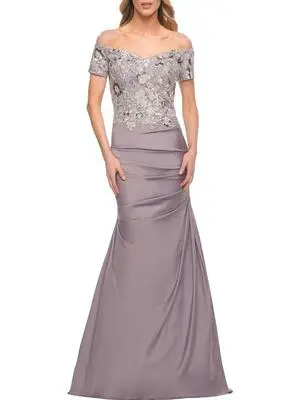 La Femme Off-the-shoulder Mermaid Gown - Silver