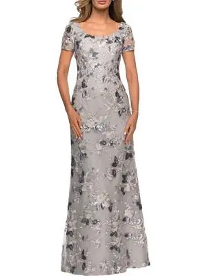 La Femme Floral Gown With Short Sleeves - Silver