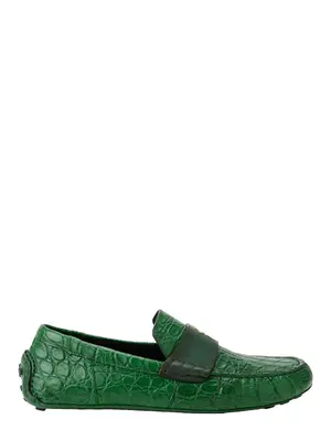 FERRAGAMO Embossed Crocodile Effect Leather Loafers - Green