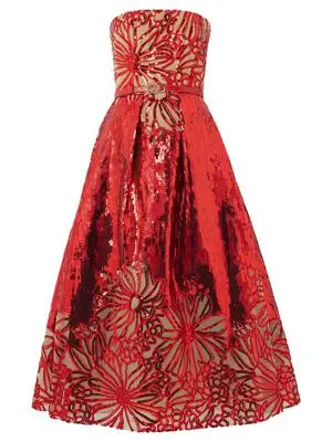 Elie Saab Belted Strapless Embroidered Sequined Tulle Midi Dress - Red
