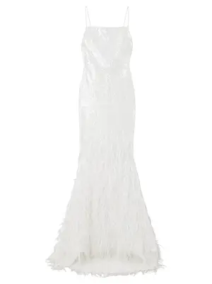 Retrofete Odessa Feather-trimmed Sequined Lace Gown - White