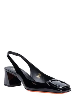 Santoni Patent Leather Slingback Block Heel - Black