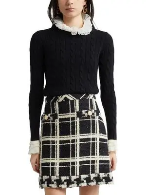 Valentino Garavani Ruffle Cuff Cable Cashmere Sweater - Ivory/ Black